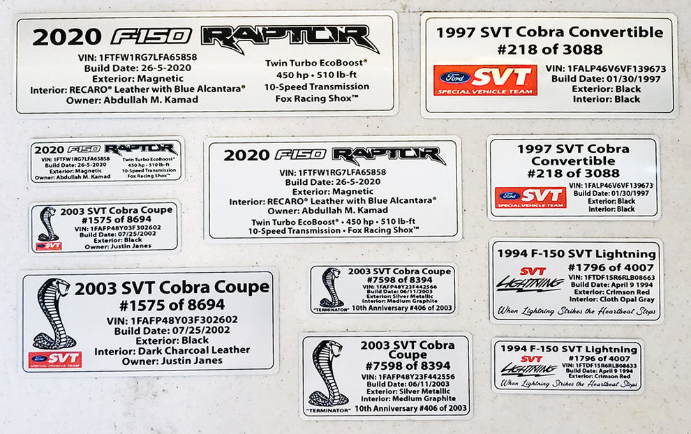 Customized Vehicle Data Plates – The SVT Store